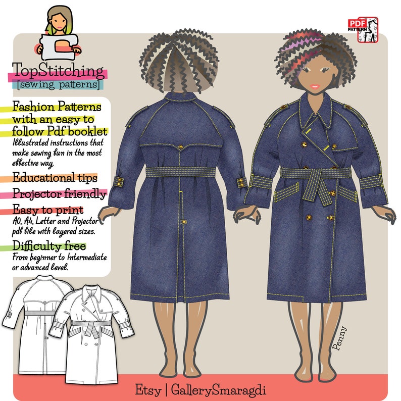 Trench Coat Sewing Pattern Penny, Projector Friendly PDF Sewing Pattern ...