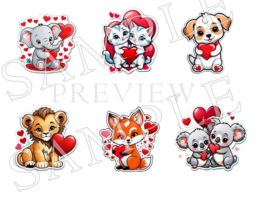 Valentine's Day Animal Love Sticker Set 6 Adorable Animals Holding ...