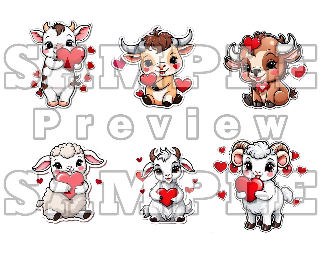 Valentine's Day Animal Love Sticker Set 6 Adorable Animals Holding ...