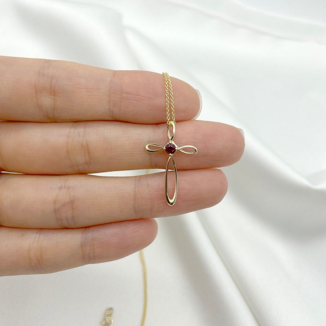 Ruby Cross Necklace / Natural Ruby Pendant Necklace / July Birthstone Necklace / 14k Ruby ...