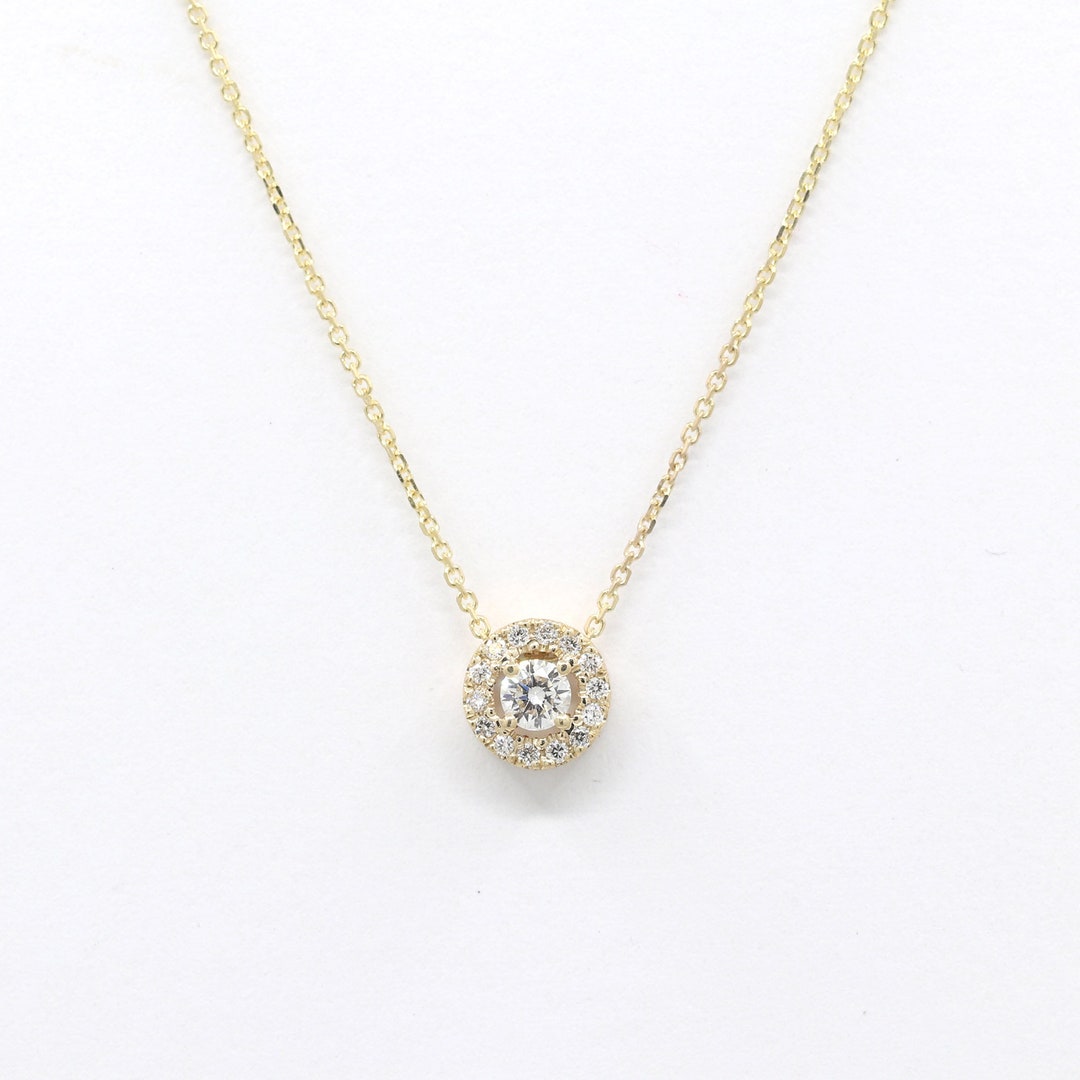 14k Gold Diamond Halo Necklace: Dainty Sliding Pendant - Etsy