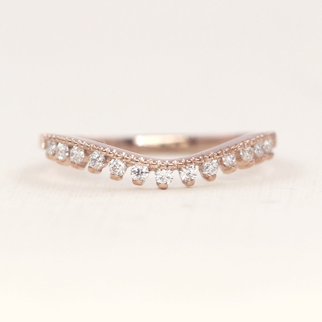 14k Solid Gold Curved Diamond Wedding Band: Handmade Stackable Ring ...