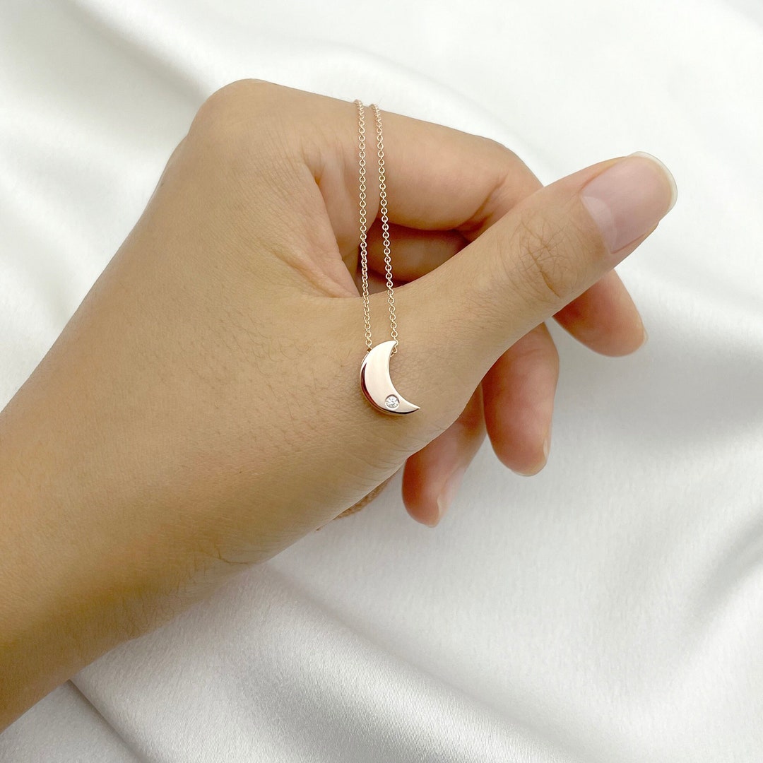 14K Solid Gold Crescent Moon Diamond Pendant Necklace. Real Diamond ...