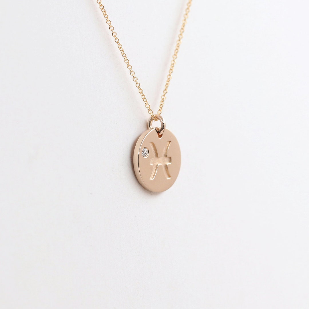 14k Solid Gold Pisces Necklace: Diamond Zodiac Sign Pendant - Etsy
