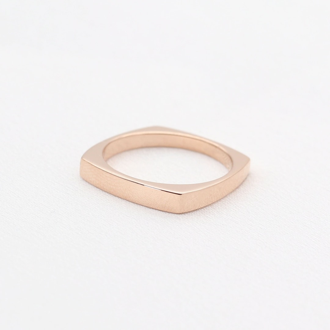 14k Solid Gold Square Band Ring: Simple Stacking Wedding Band. Real ...