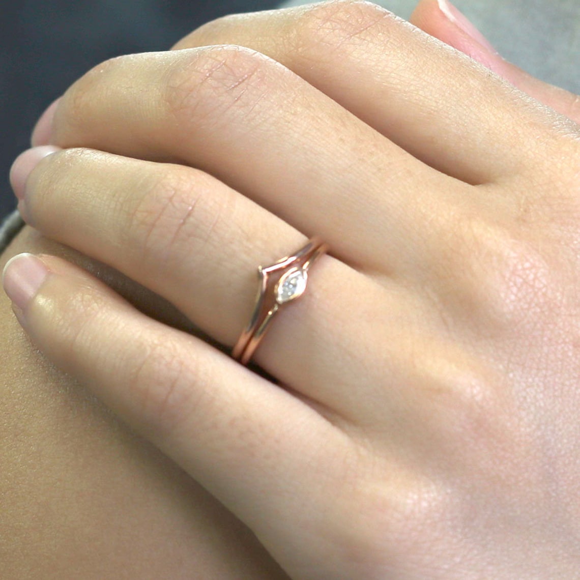 Sideways Marquise Diamond Ring Set / Simple Diamond Bridal - Etsy