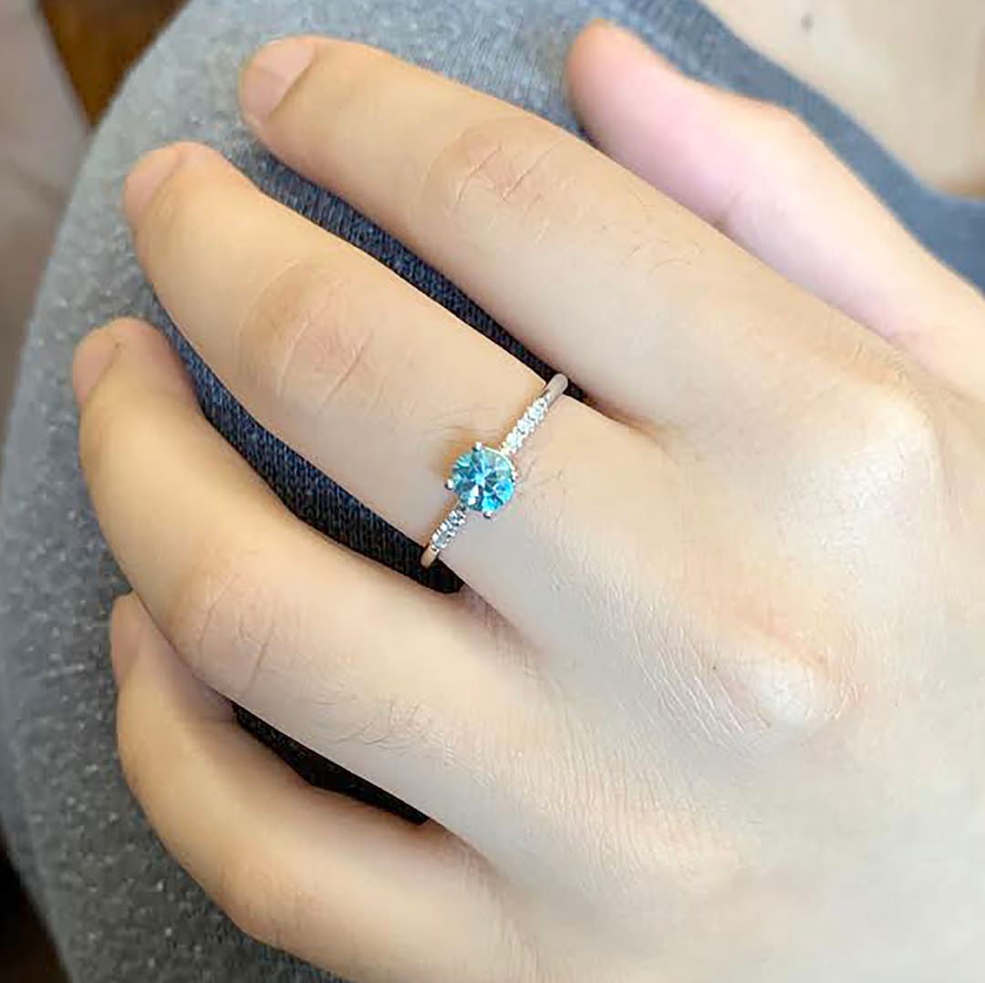 Blue Zircon Diamond Ring / December Birthstone Ring / Diamond ...