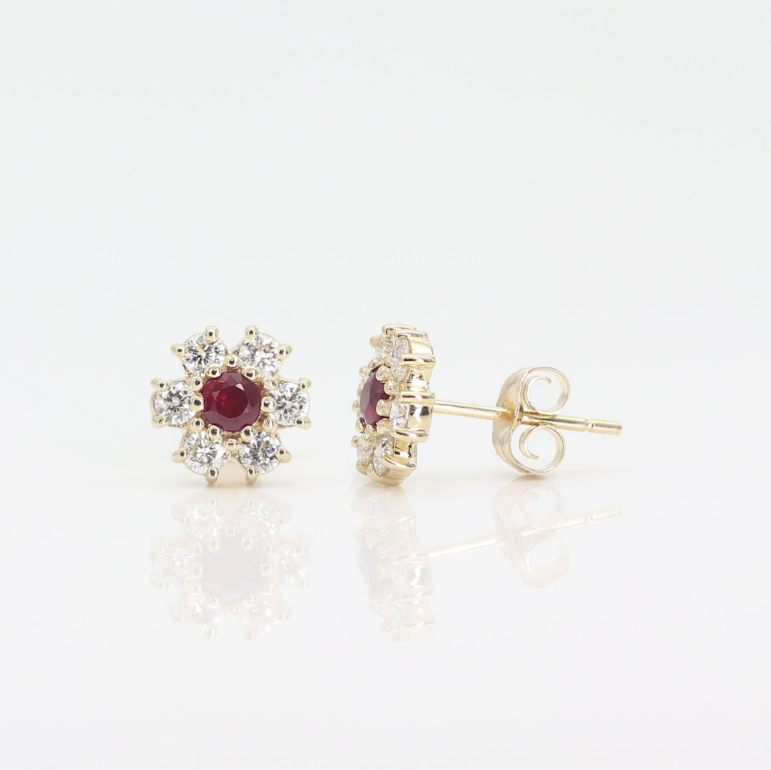 Ruby Flower Diamond Earrings / 14k Flower Cluster Stud Earrings / Ruby ...