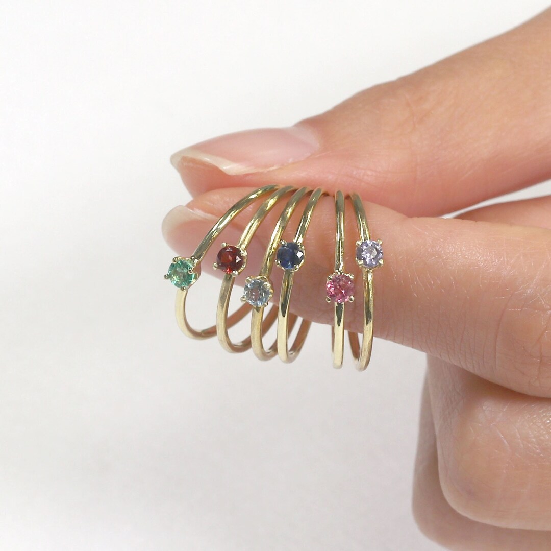 Dainty 14k Gold Birthstone Ring: Hammered Gemstone Stack Ring - Etsy