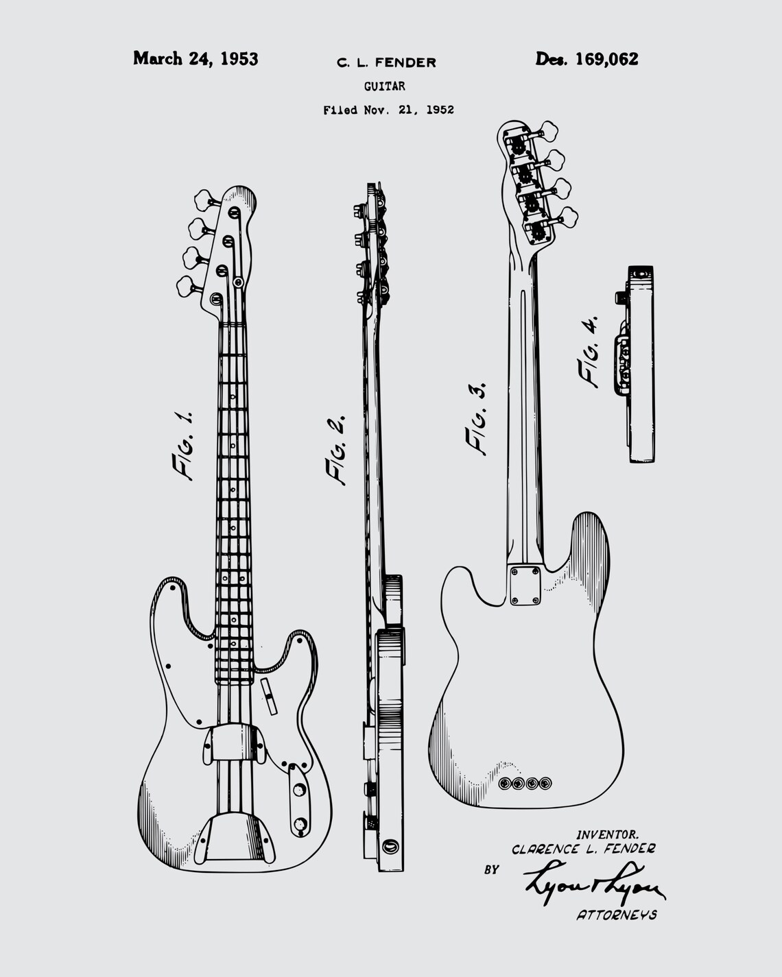 Fender Guitar Patent Print 1953-wall Art-guitar Patent Print-patent ...