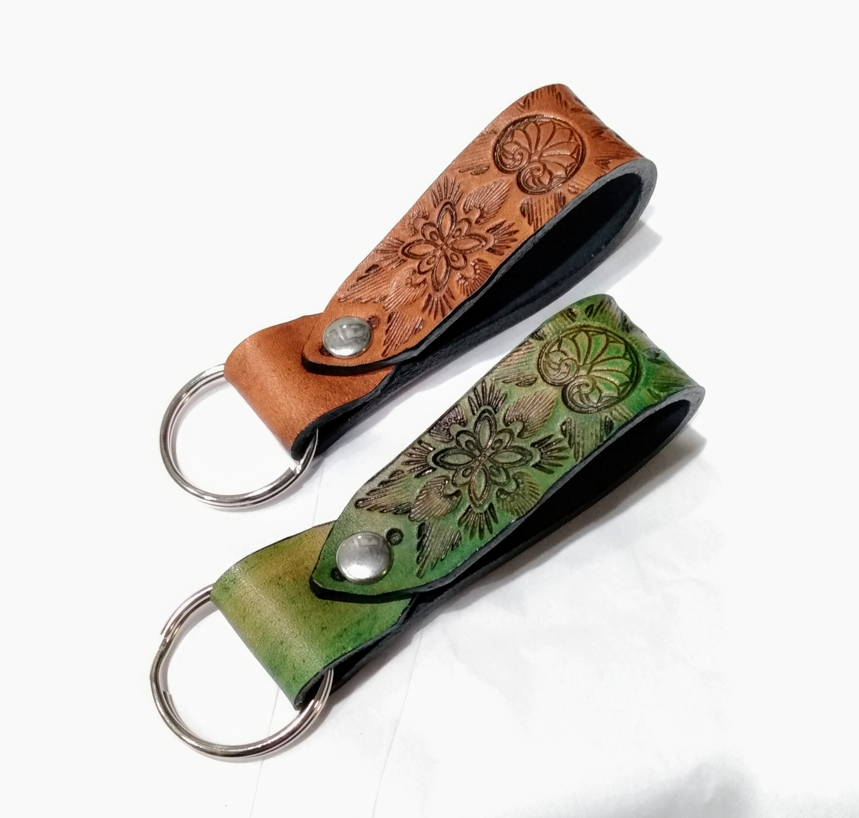 Green Boho Leather Keychain Tooled Leather Belt Lanyard Loop | Etsy