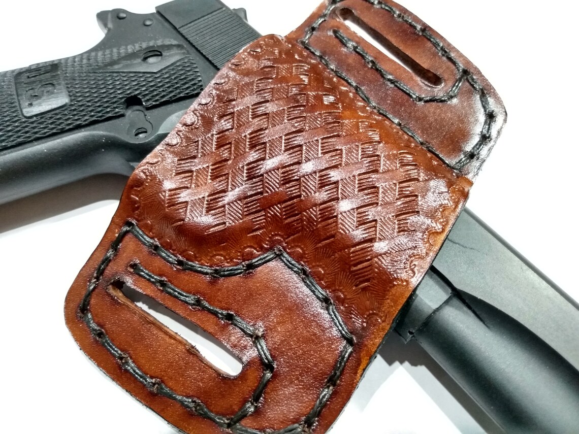 1911 Leather Holster Brown Basketweave Open Carry OWB Canted - Etsy