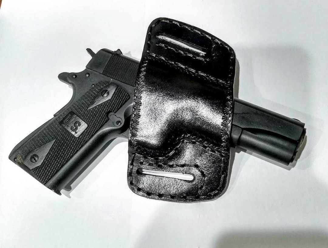 Black 1911 Leather Holster, Open Carry OWB Canted Pancake Holster, .45 ...