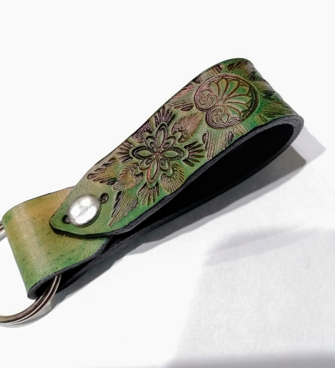 Green Boho Leather Keychain, Tooled Leather Belt Lanyard Loop Key Fob ...