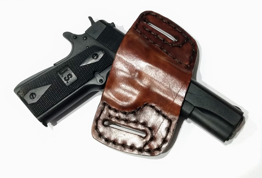 Brown 1911 Leather Holster, Open Carry OWB Canted Pancake Holster, .45 ...