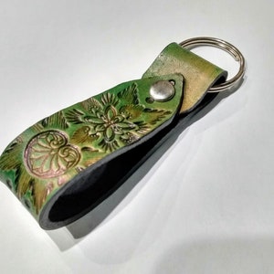 Green Boho Leather Keychain, Tooled Leather Belt Lanyard Loop Key Fob ...