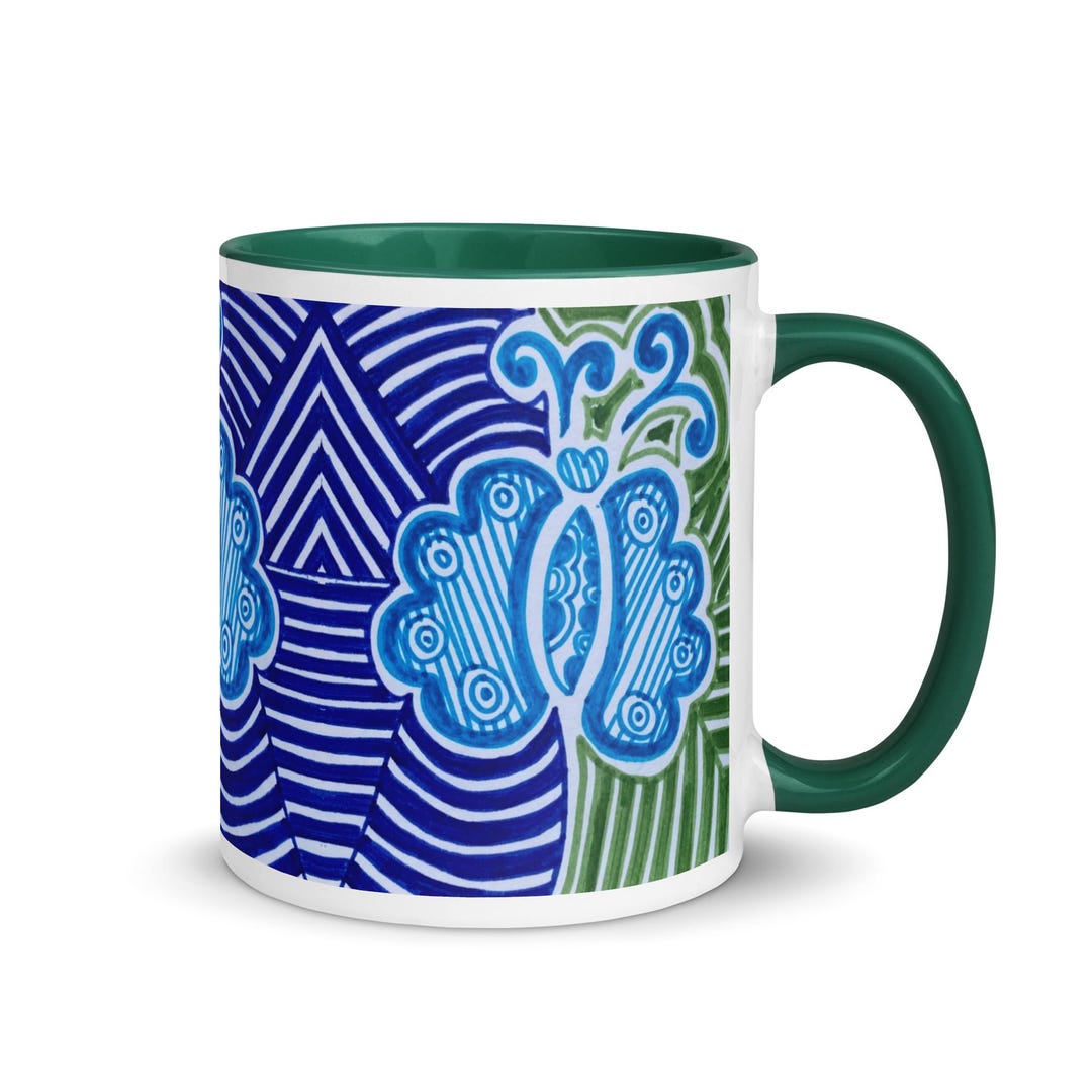 Blue Butterfly Mug – Hand Drawn Graphic Butterfly With Green and Navy ...