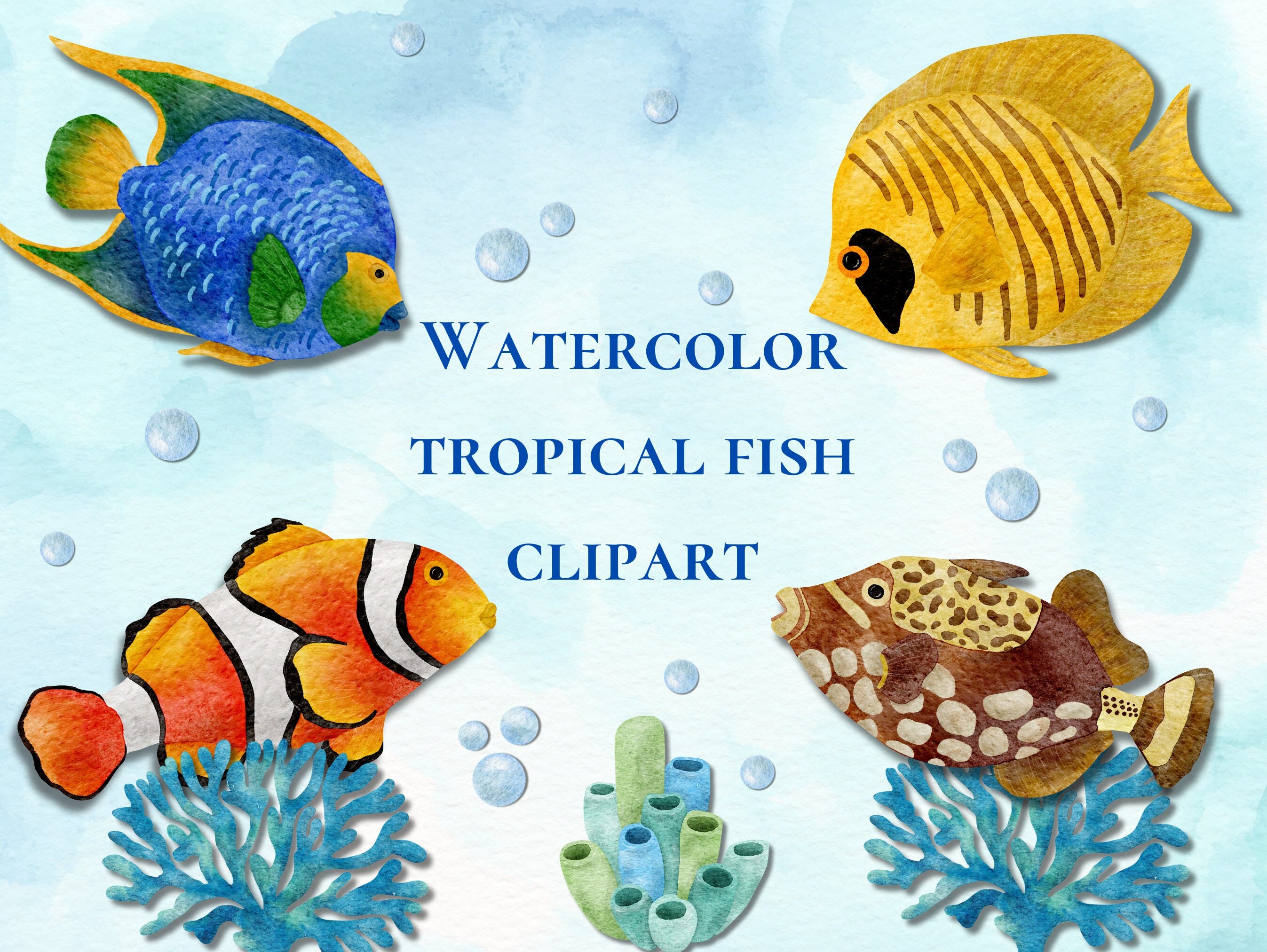 Watercolor Tropical Fish Clipart Illustration, Exotic Fishes PNG Bundle ...