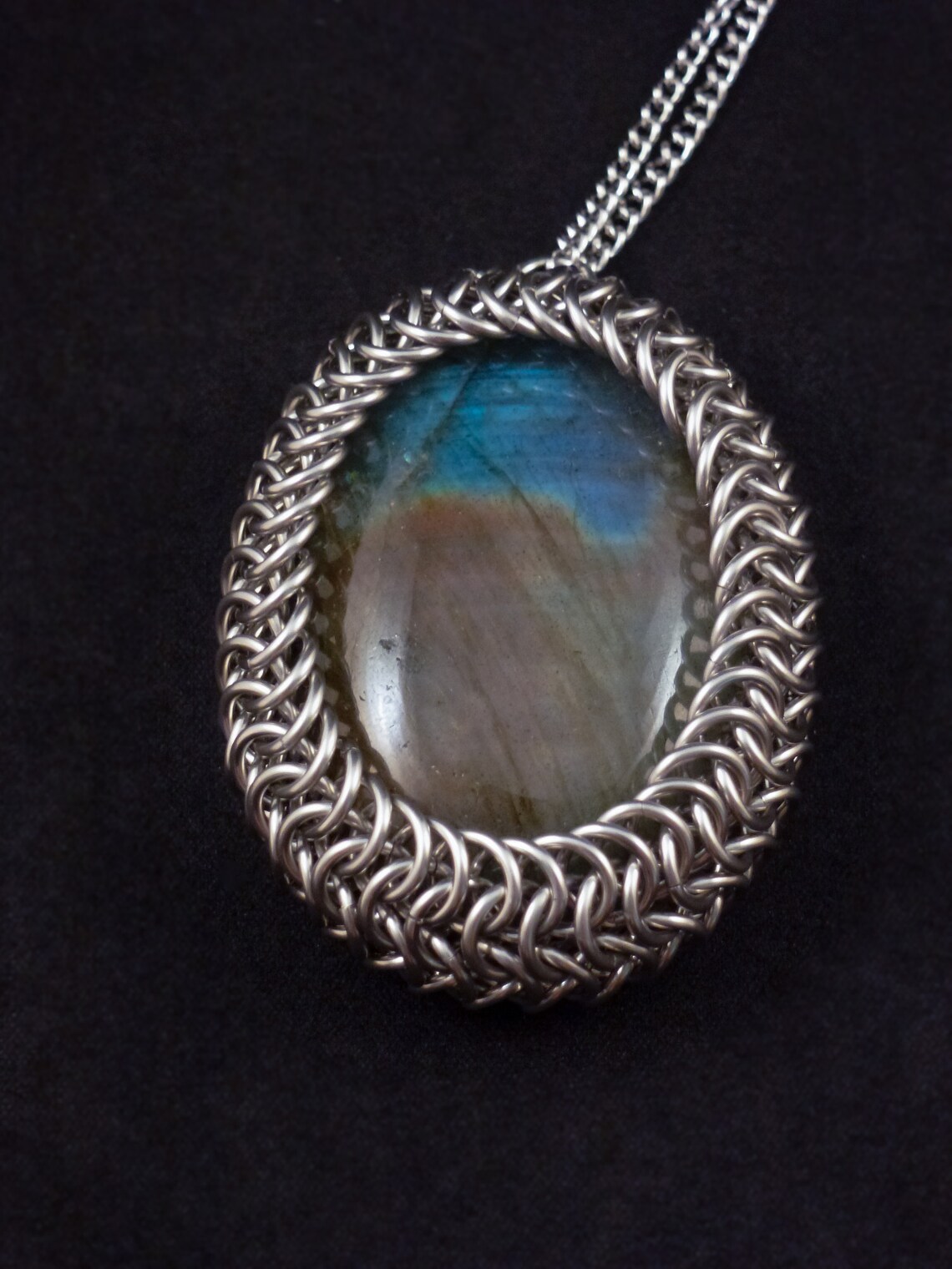 Chainmaille Pendant Necklace Wrapped Labradorite Cabochon Natural ...