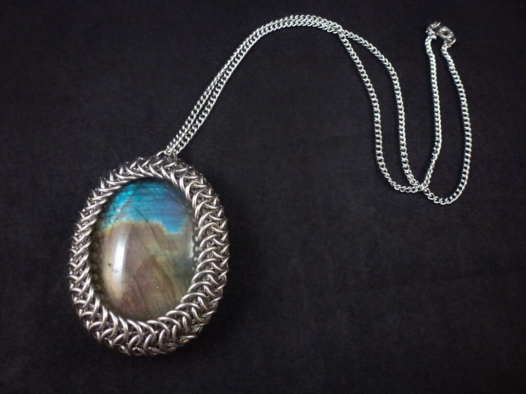 Chainmaille Pendant Necklace - Wrapped Labradorite Cabochon - Natural ...