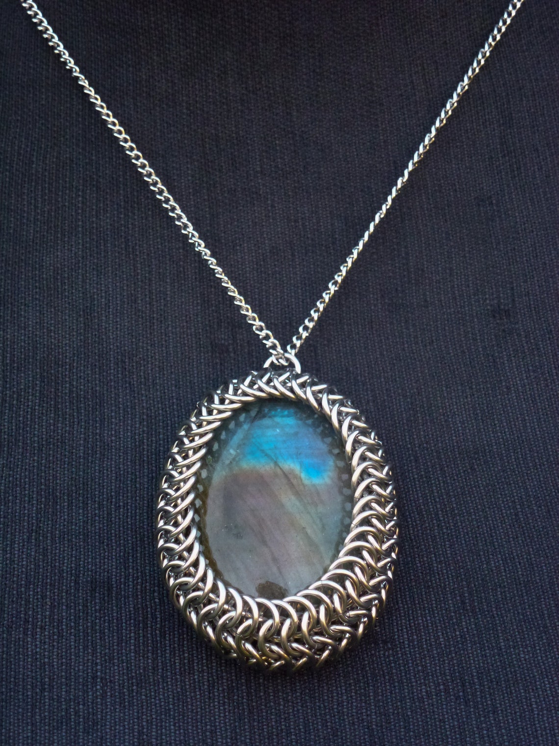 Chainmaille Pendant Necklace Wrapped Labradorite Cabochon Natural ...