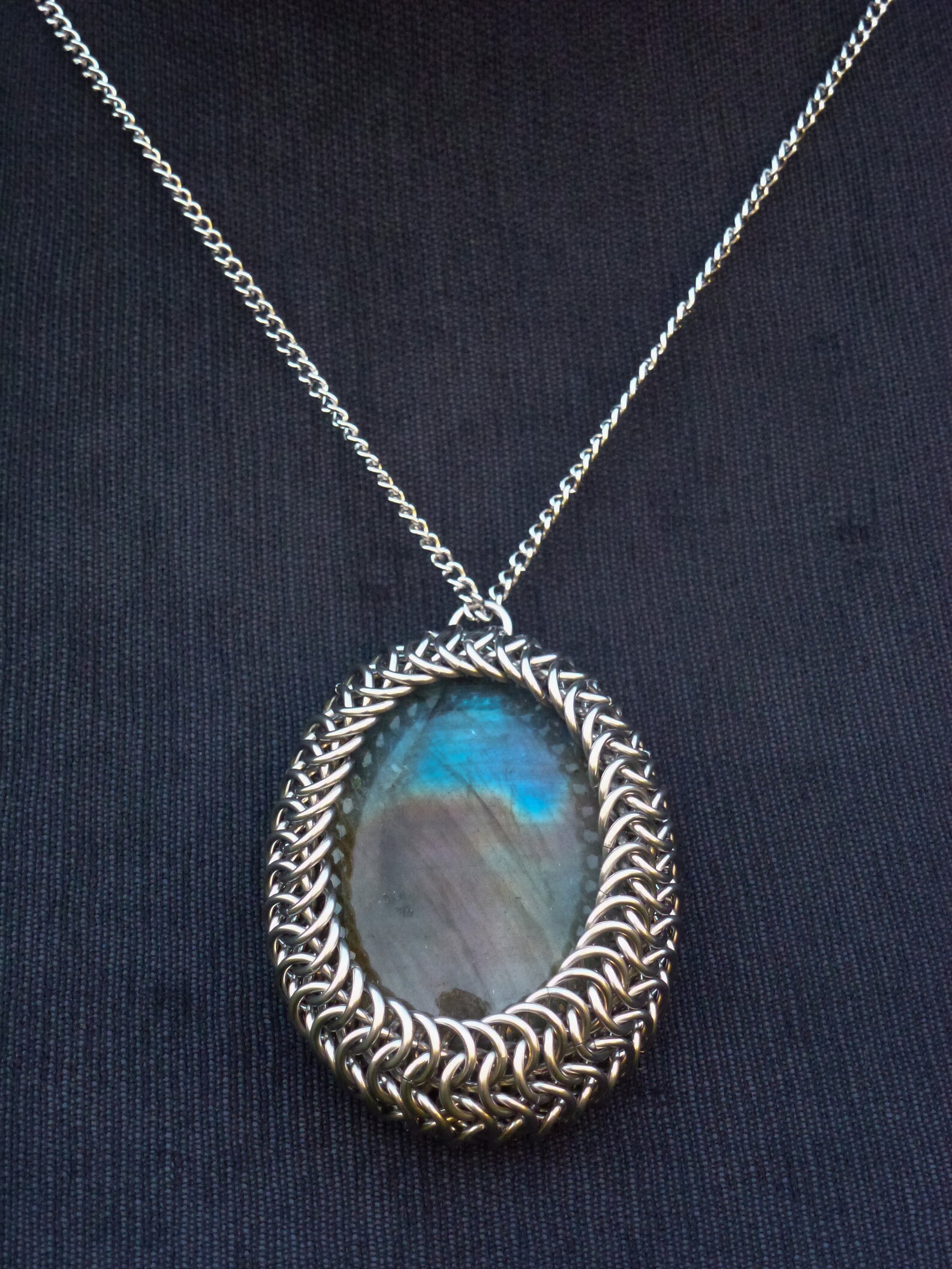 Chainmaille Pendant Necklace Wrapped Labradorite Cabochon Natural ...