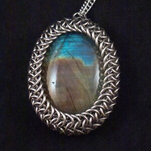 Chainmaille Pendant Necklace - Wrapped Labradorite Cabochon - Natural ...