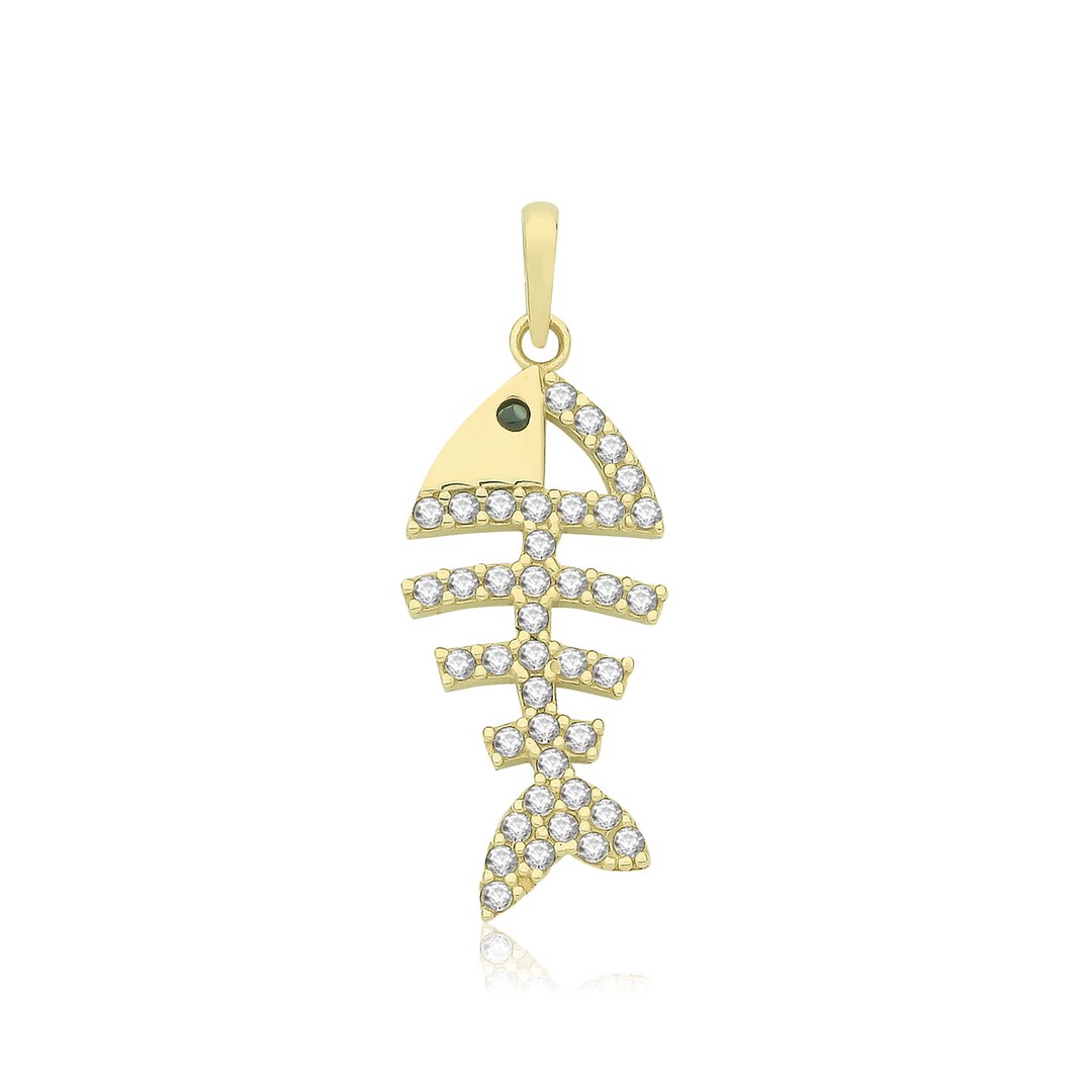 9ct Yellow Gold 25x9mm Fish Bone Pave Cz Charm Pendant - Real 9K Gold ...