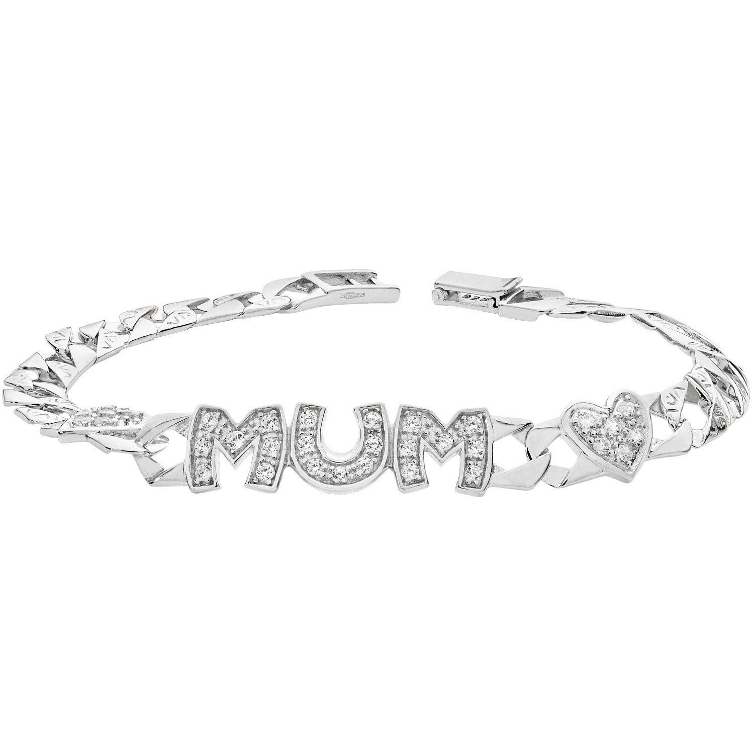 925 Sterling Silver Pave Set Cz Hearts MUM 7 Flat Curb Chain Bracelet ... 925 Sterling Silver Pave Set Cz Hearts MUM 7 Flat Curb Chain Bracelet ...