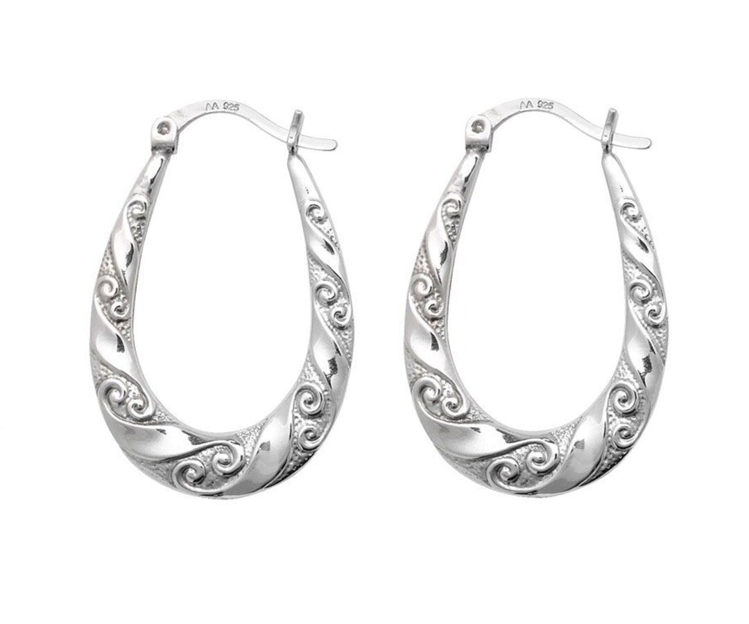 925 Sterling Silver Oval Swirl Embossed Creole Hoop Earrings 30x20mm - Etsy