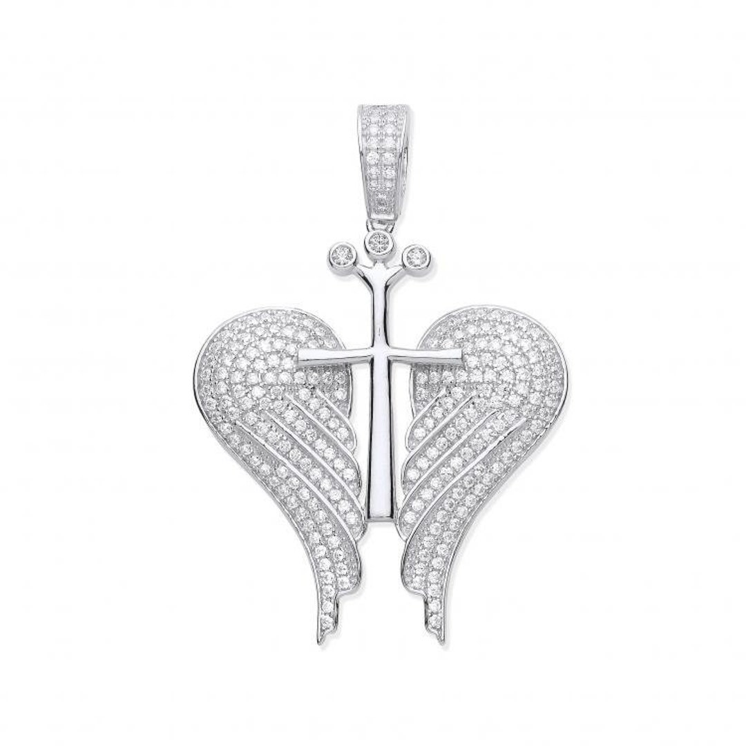 Angel Wings With Royal Cross Pendant 4.5cm Micro Pave Set Cz Wings 925 ...