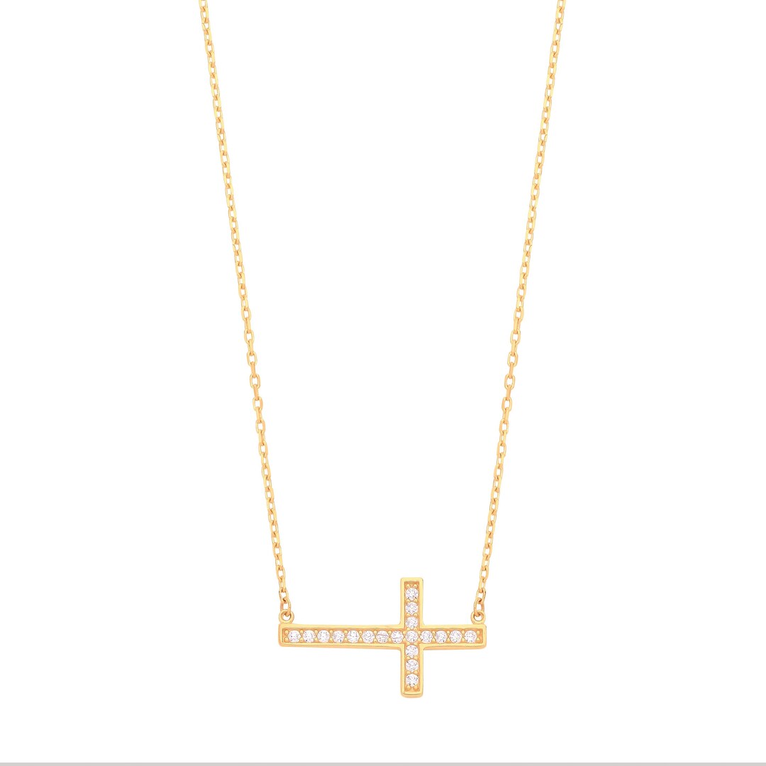 9ct Yellow Gold Pave Cz Sideways Cross Pendant on 17" Necklace ...