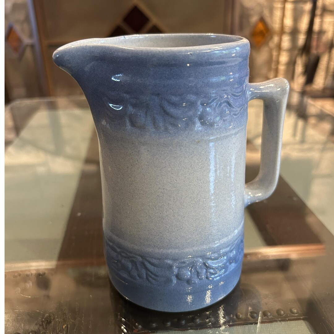 Vintage Red Wing Stoneware Pitcher, Blue Gray Cherry Relief, 6
