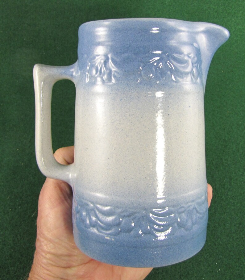 Vintage Red Wing Stoneware Pitcher, Blue Gray Cherry Relief, 6
