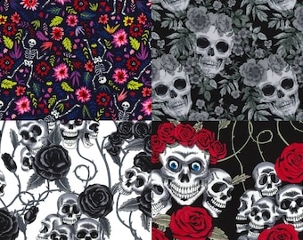 Pink Skull Fabric Skulls and Bones Halloween Black Pink by Caja Design ...