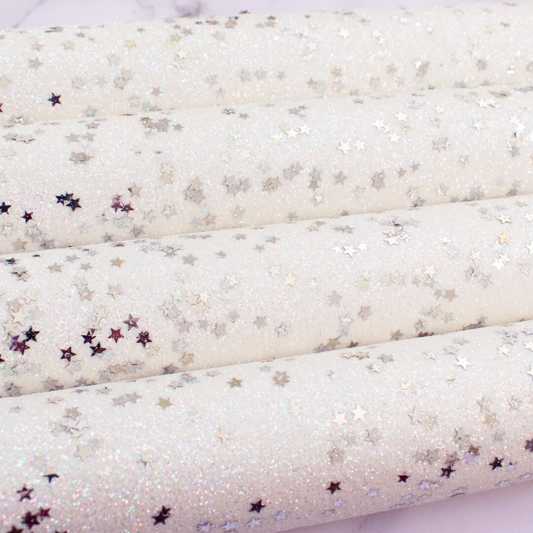 Silver Stars on Iridescent White Fine Glitter Fabric Sheet Premium ...