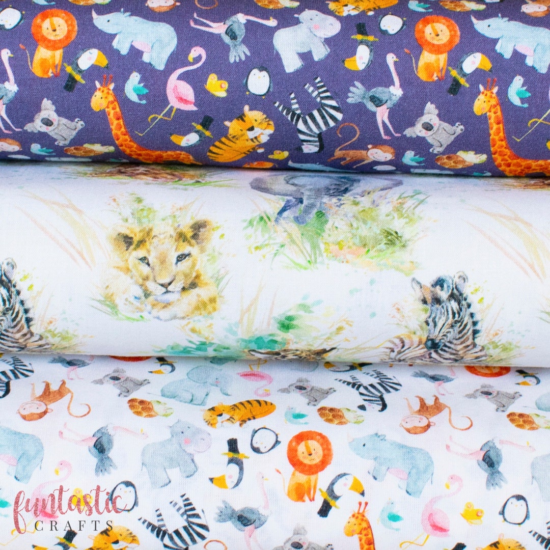 Zoo Safari Baby Animal Print 100% Cotton Fabric by the Metre - Quilting ...