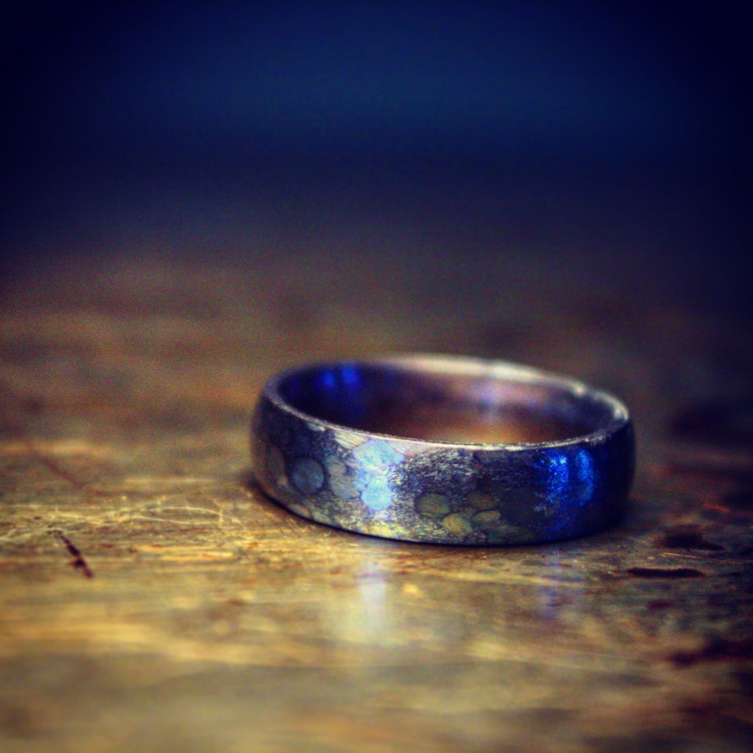 Hand Forged Anodized Titanium Wedding Ring | Rustic Men's Wedding Band ...