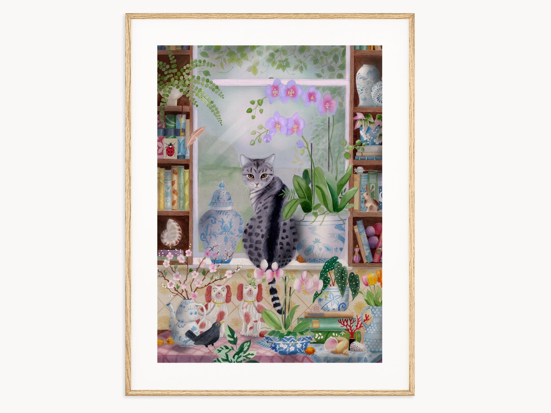 Cat and Books Art Print, Cat Illustration, Watercolour Painting, Cat ...