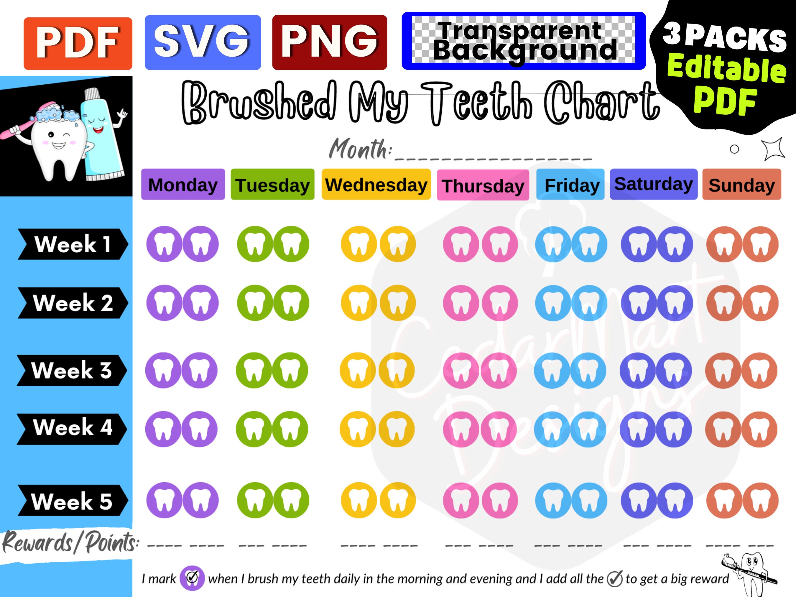 Teeth Brushing Chart Printable PDF,PNG,SVG for Toddlers, Preschoolers ...