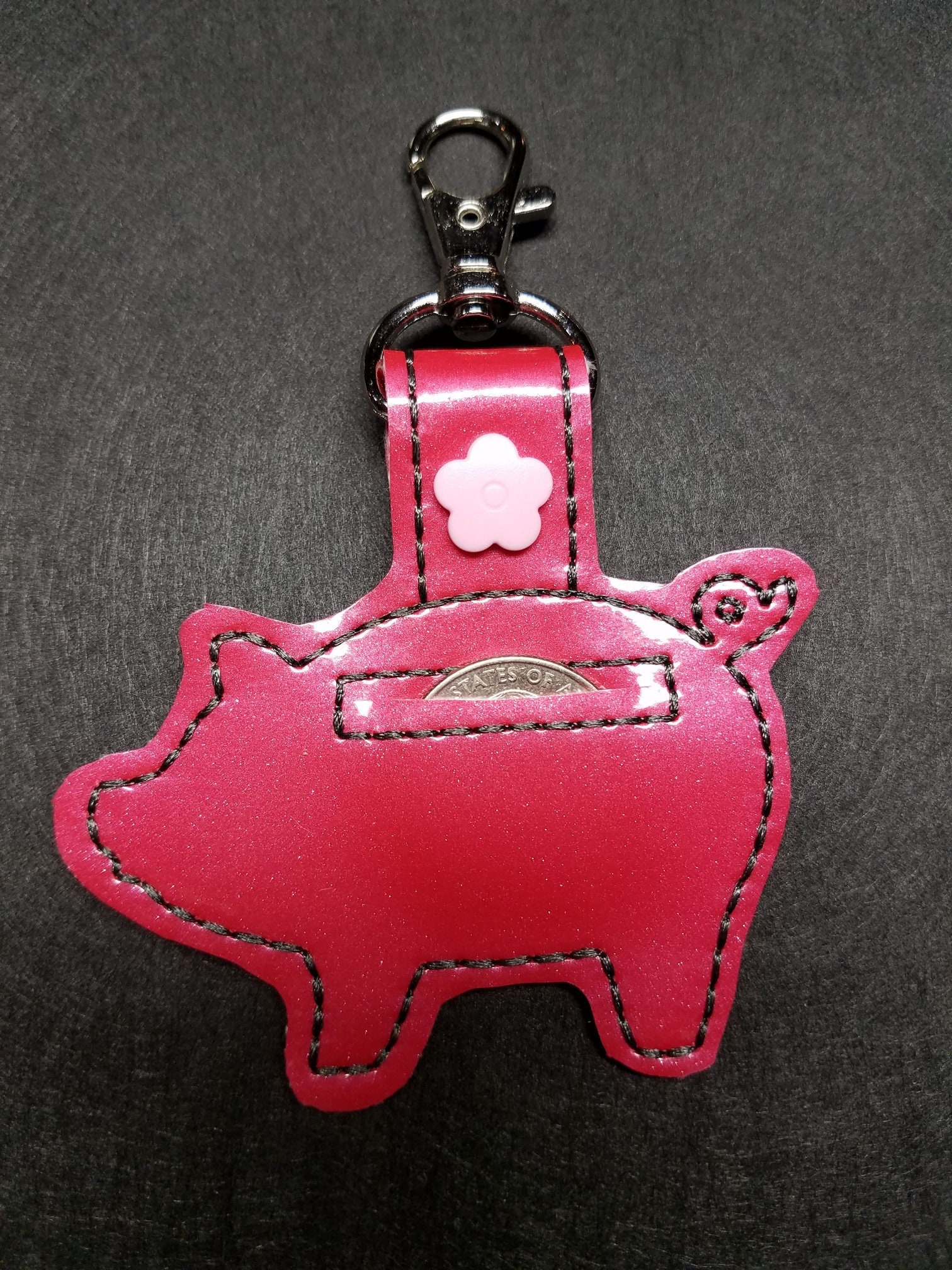 Hot Pink Piggy Bank Quarter Keeper Key Fob With Pink Flower Snap - Etsy