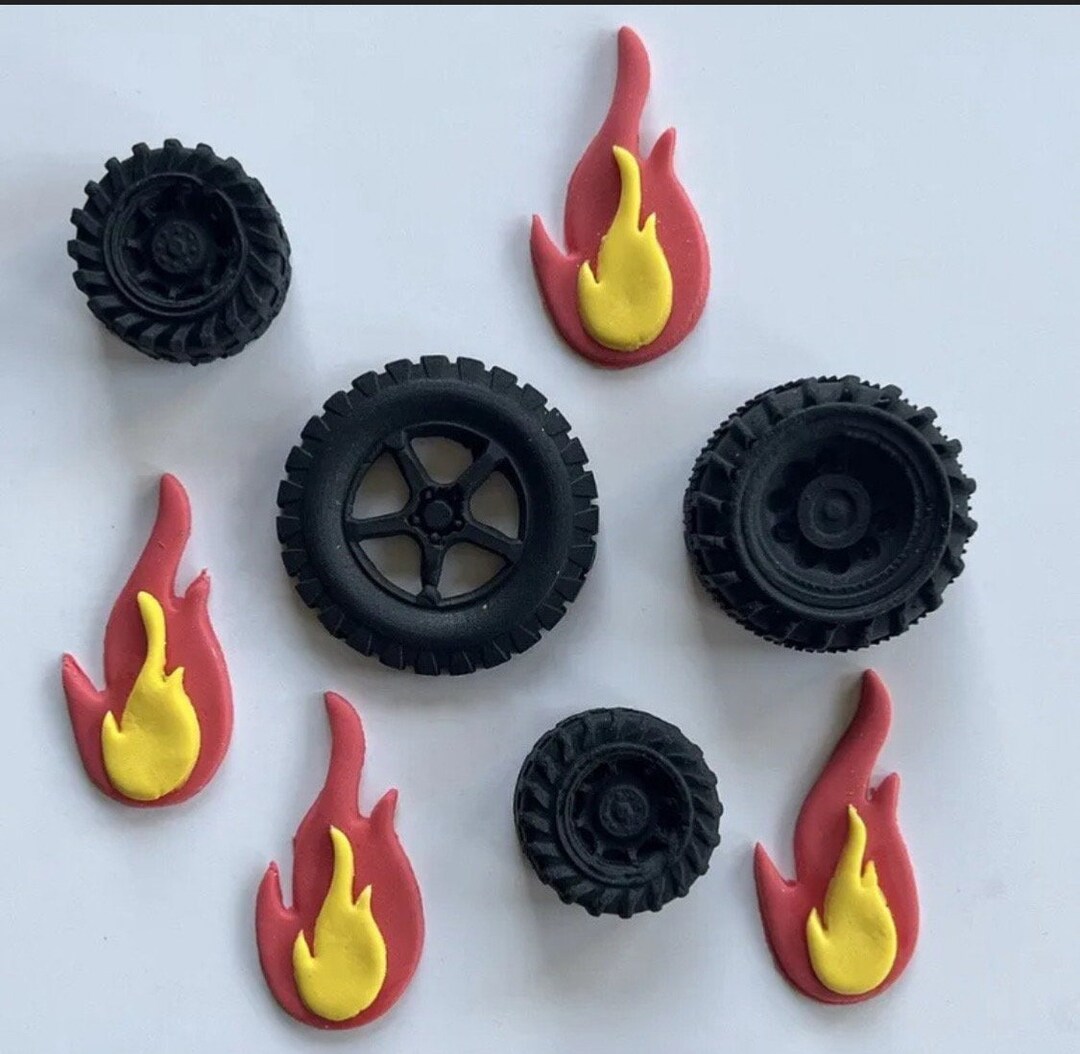 Edible Sugar Fondant Tyres, Flames Cake Topper Set for Birthday Cake ...
