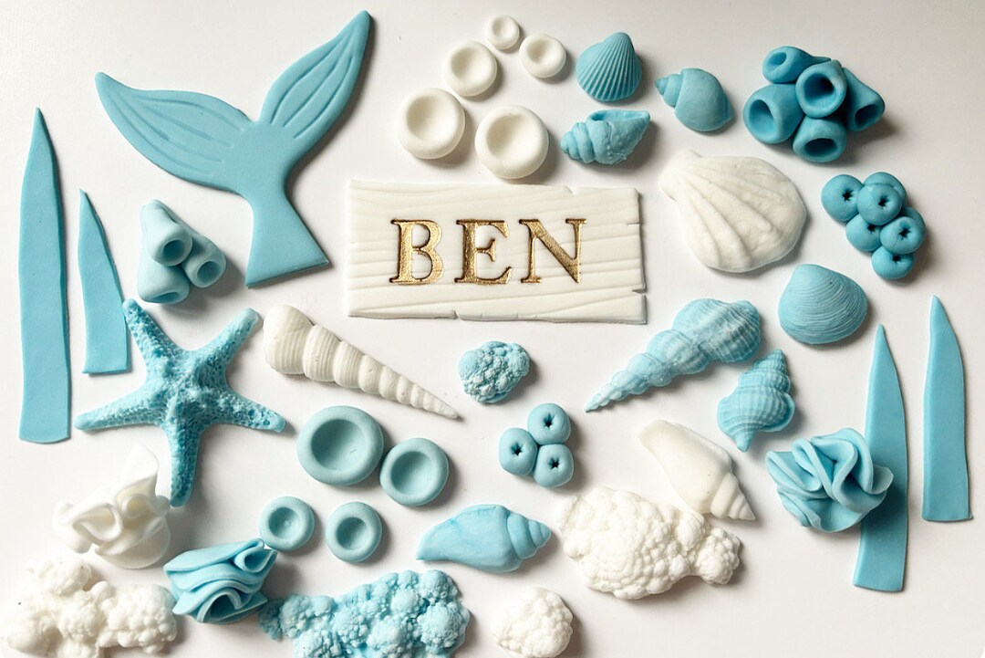 Edible Sugar Under the Sea Themed Cake Topper Set, Shells, Coral, Whale ...