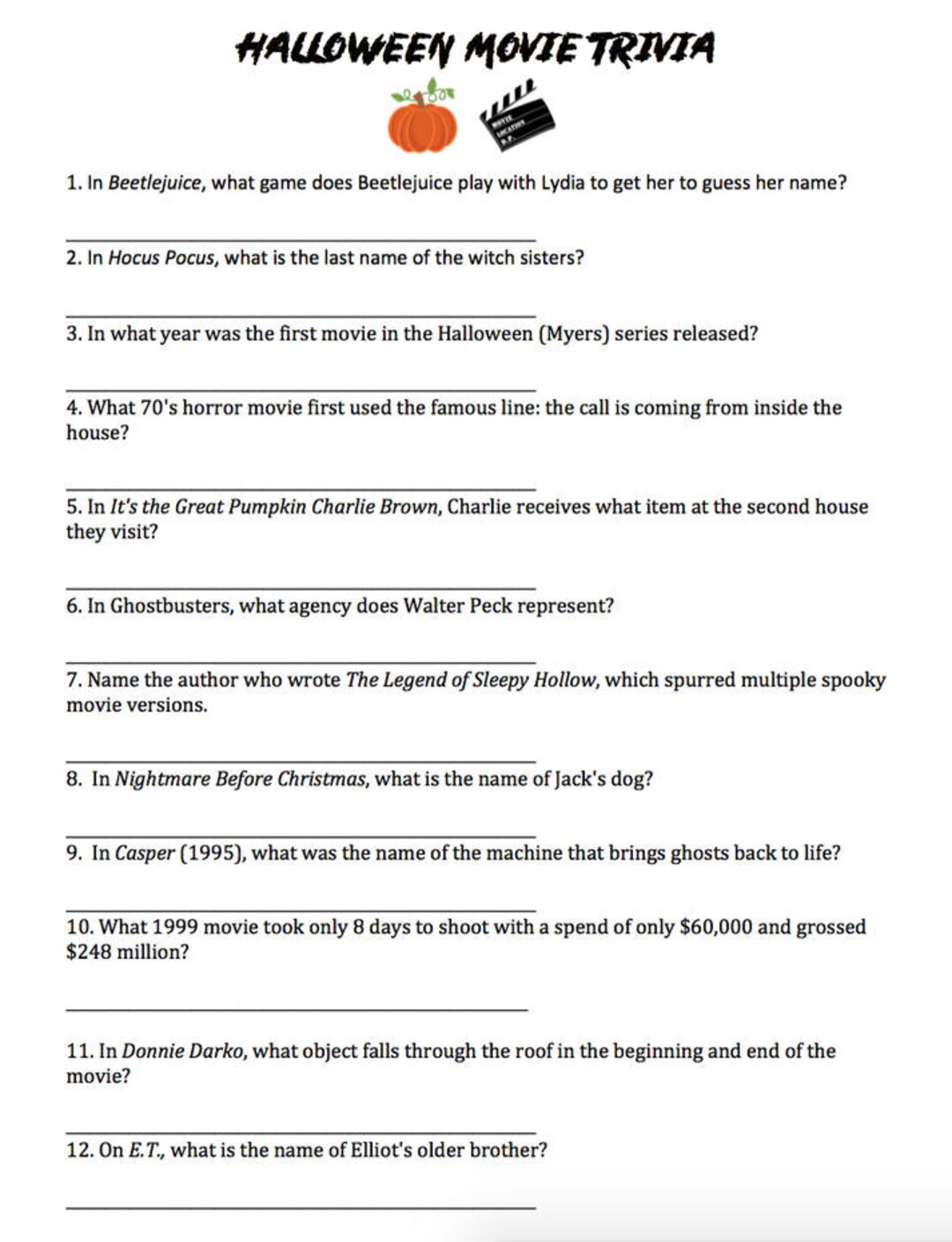 Halloween Trivia Questions Halloween Movie Trivia Sheet for - Etsy