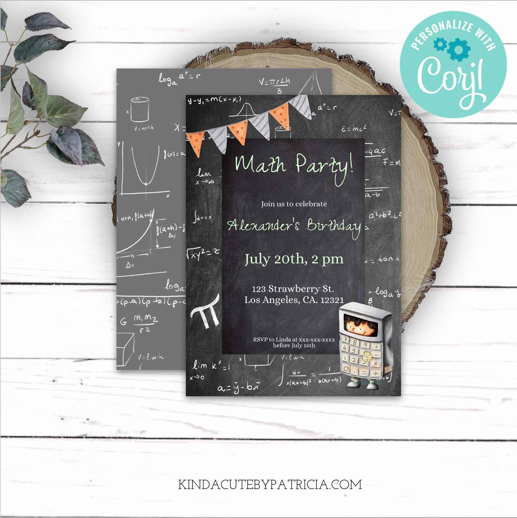 Math Formulas and Equations Birthday Invitation Editable Mathematics ...