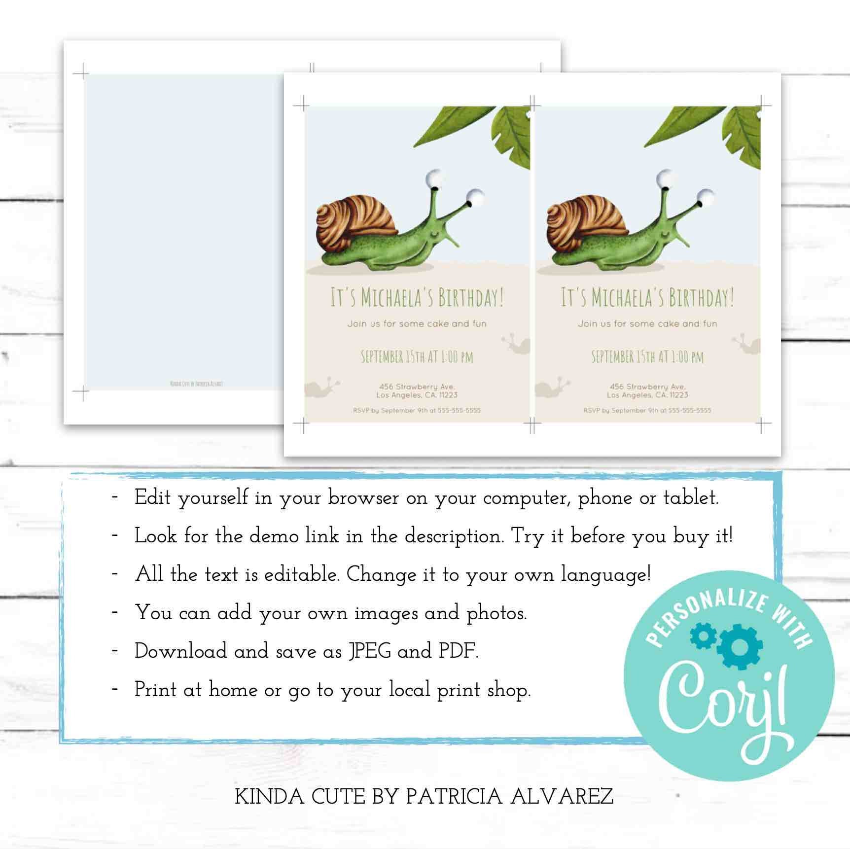 Editable Snail Birthday Invitation Park Snail Invitation 1st Birthday Snail Printable Snail ...
