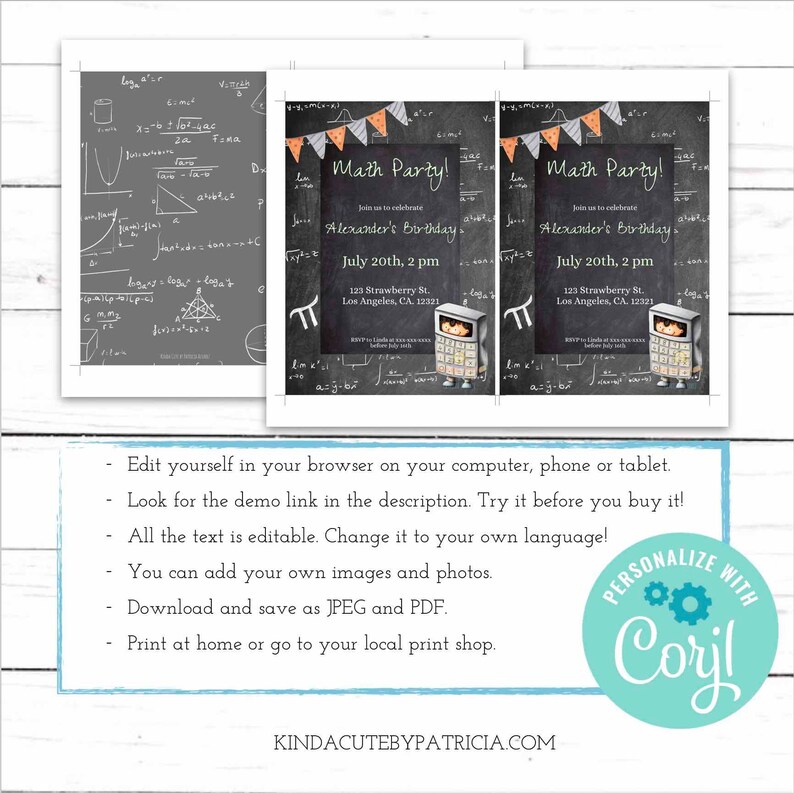 Math Formulas and Equations Birthday Invitation Editable Mathematics ...
