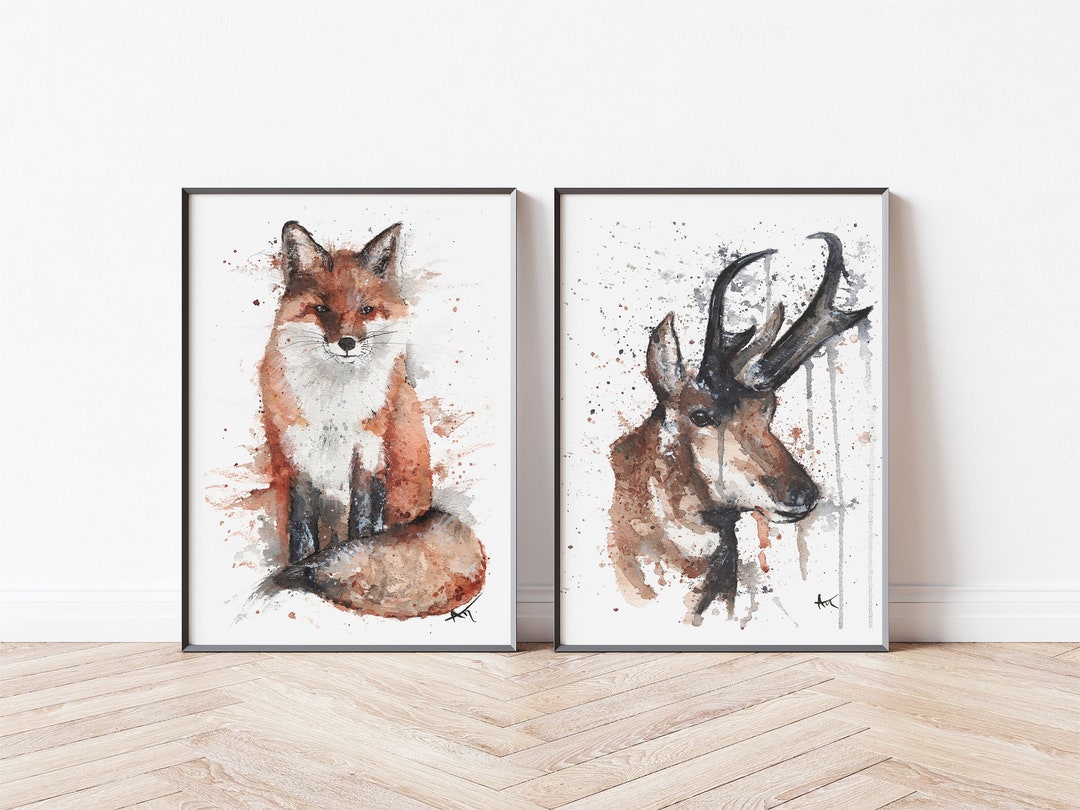 Set of 2 Art Prints of Wild Animals Poster Fox and Deer Nursery Kids ...
