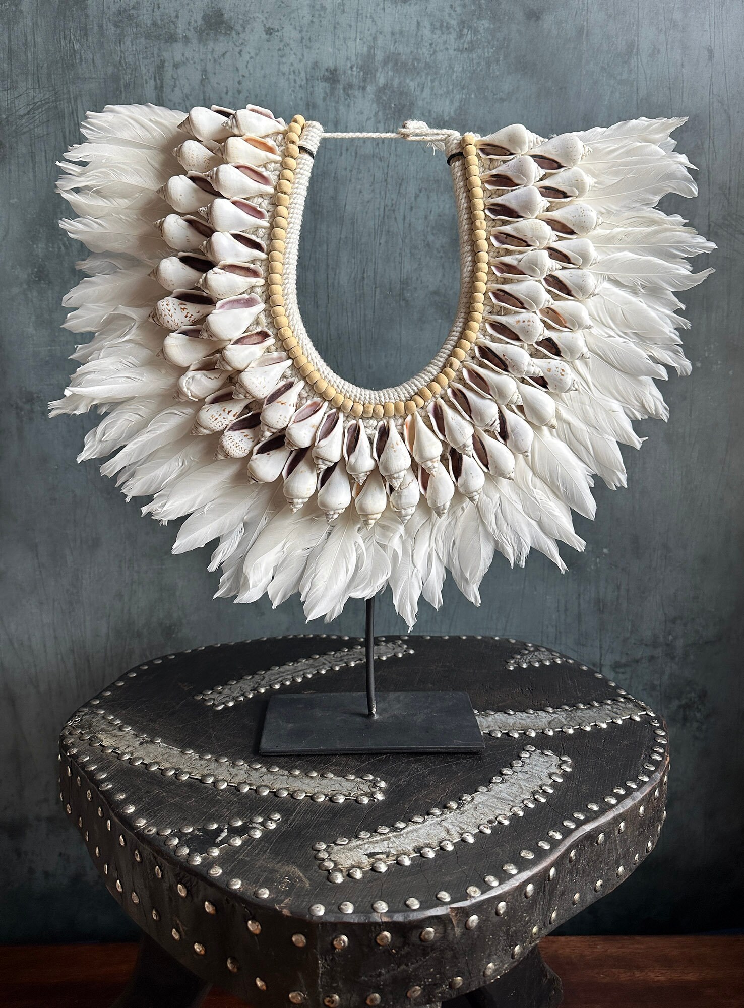 White Feather, Shell and Bead Necklace on Stand, Feathers Boho Chic ...