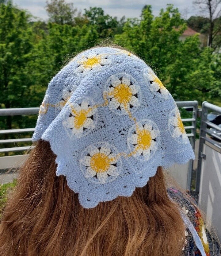Crochet Bandana Granny Square Motifs in Blue With Daisy - Etsy